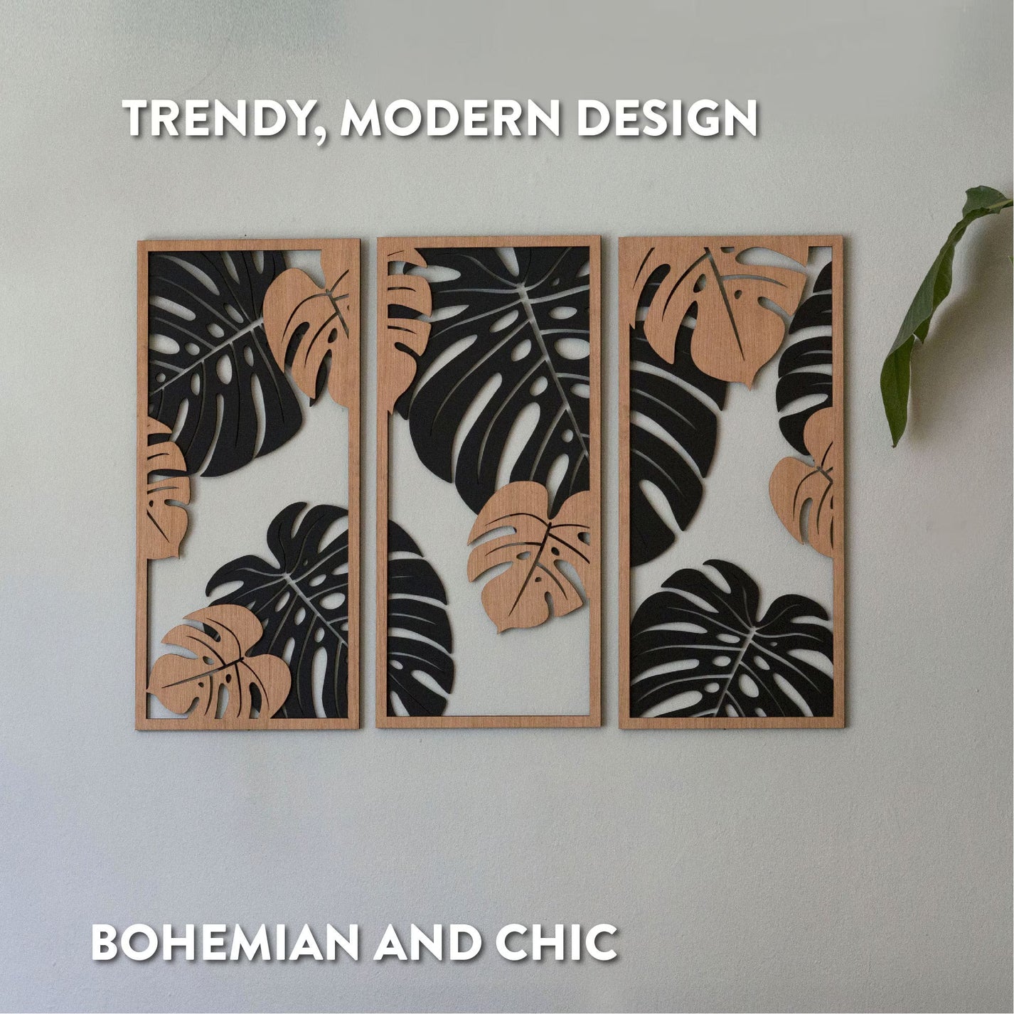 3 Panels Leaves Decoration Wooden Wall Art - Graham Decors – Graham Decors