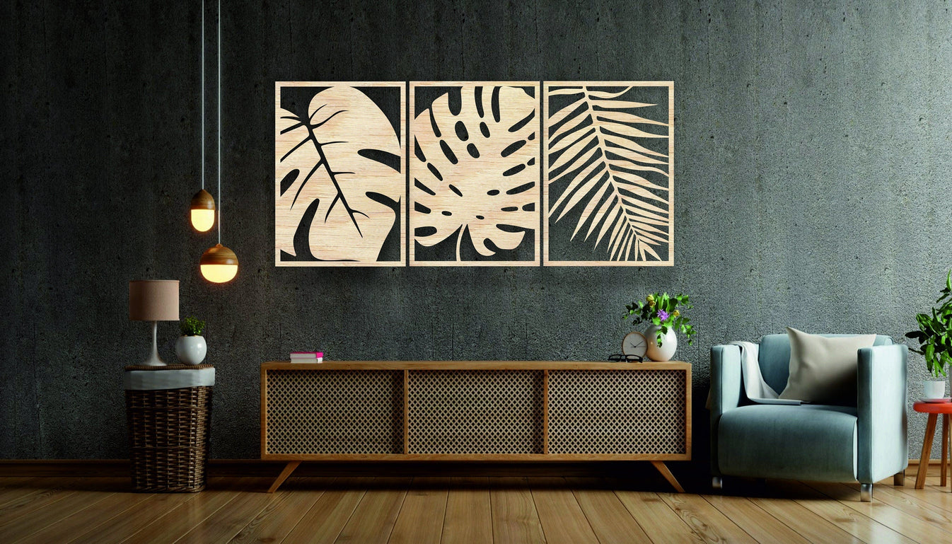 Modern Wooden Wall Art Large Leaves 3 Panels - Graham Decors – Graham ...